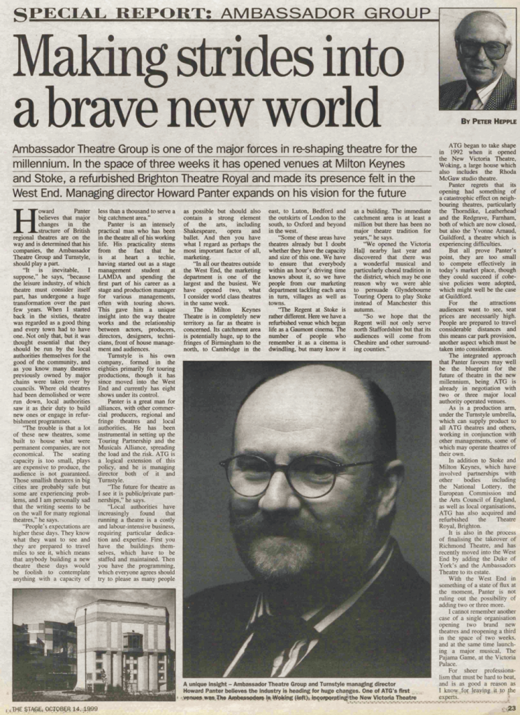 Howard Panter expands his ATG empire – 20 years ago in The Stage